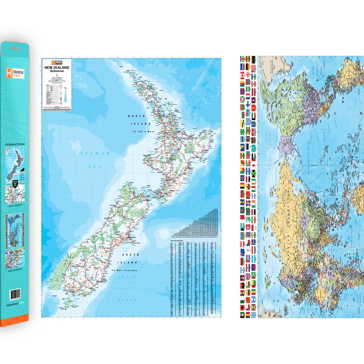 Twin Pack NZ 2 in 1 World & Flags Map New Edition by Hema Maps – Book Hero